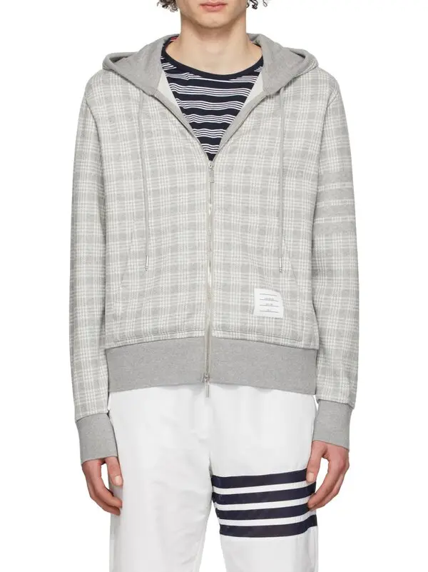 Thom Browne Grey Plaid Zip-front Hoodie - Light Gray