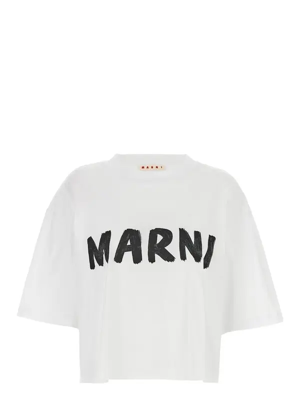 Marni Logo Printed Crewneck Cropped T-shirt - White