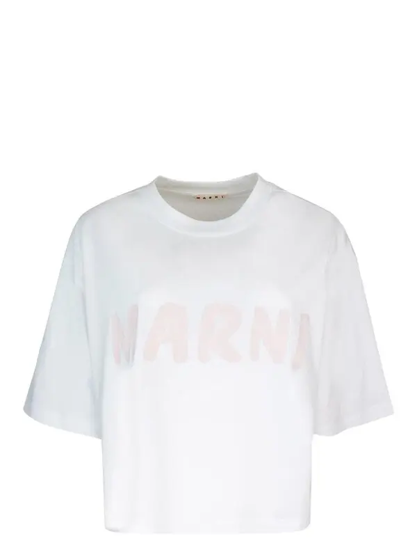 Marni Logo Printed Crewneck Cropped T-shirt - White
