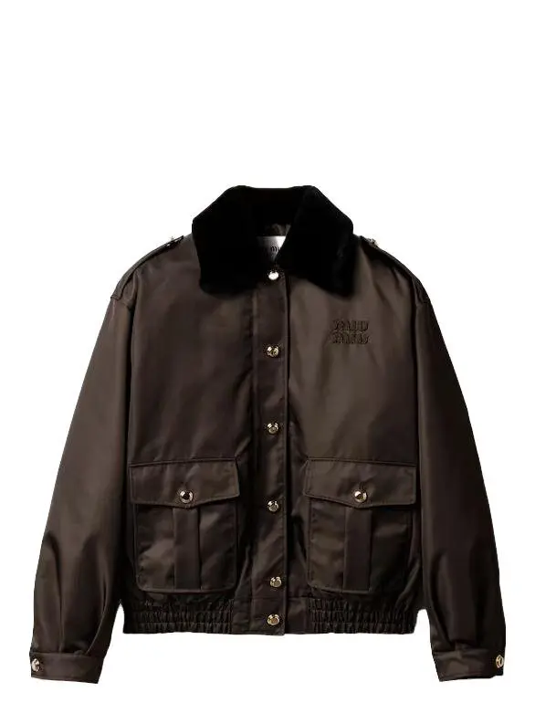 Miu Miu Padded Jacket With Fleece Collar And Embroidered Logo - Coffee
