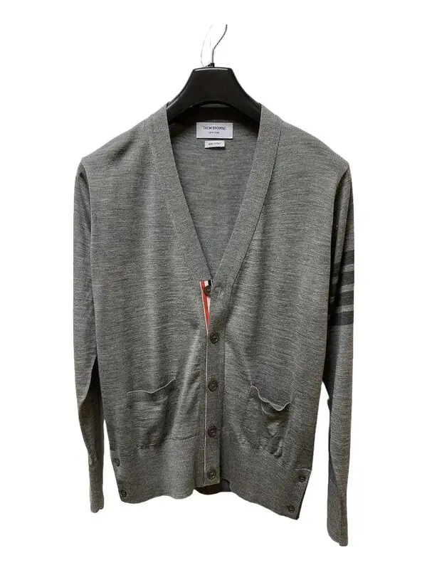 Thom Browne V-neck Cardigan With 4-stripe Detail - Light Gray
