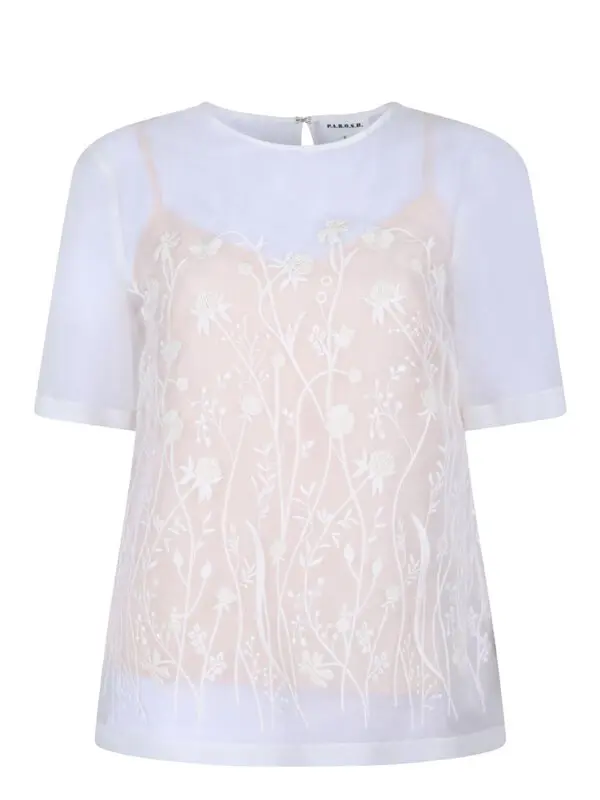P.a.r.o.s.h Sheer Embroidered Short Sleeve Top - Cream