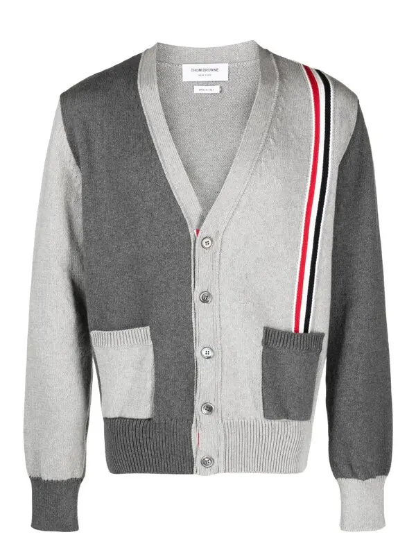 Thom Browne Color Block V-neck Cardigan With Striped Detail - Gray