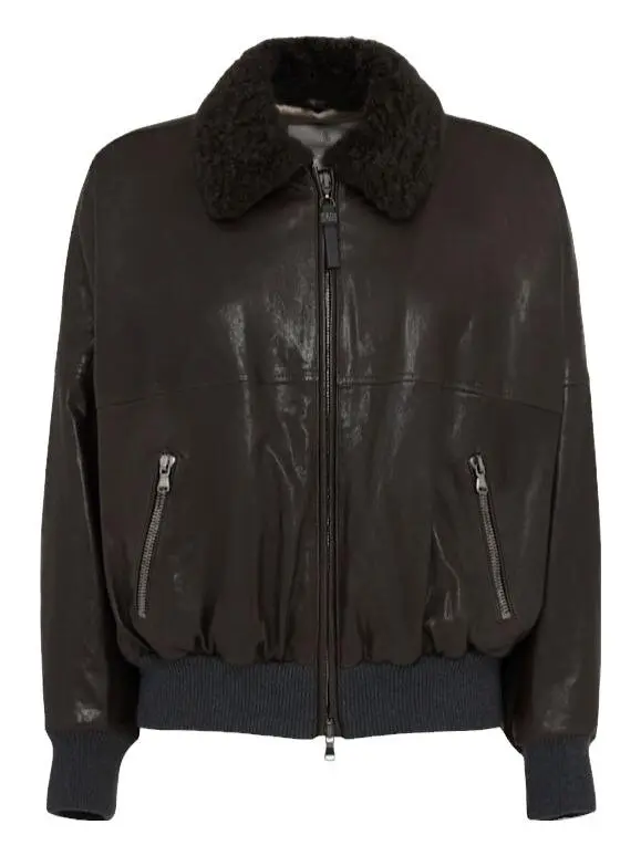 Brunello Cucinelli Leather Bomber Jacket With Fur Collar - Black
