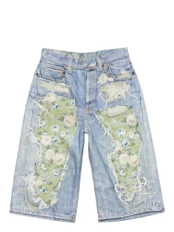 Acne Studios Floral Patchwork Distressed Denim Shorts - Blue/green