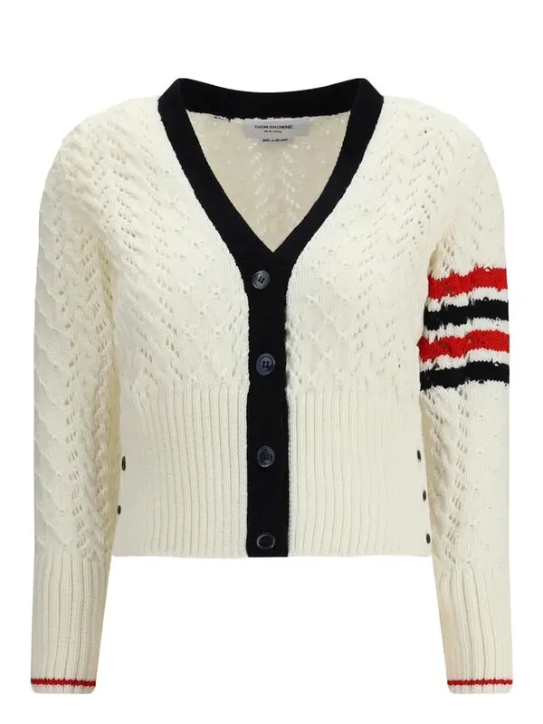 Thom Browne Cable Pointelle Stitch 4-bar Cardigan - White