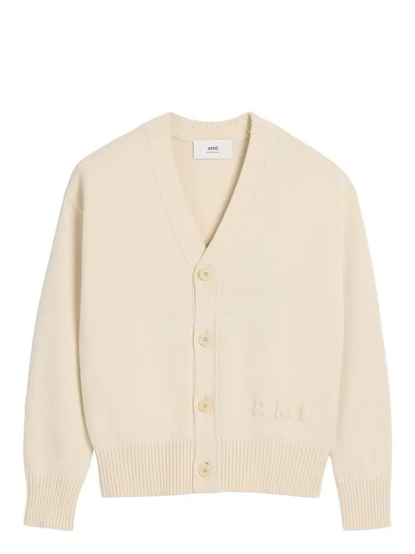 Ami Logo Embroidered V-neck Cardigan - Cream
