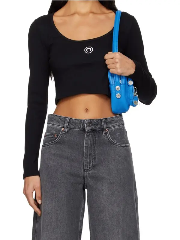 MARINE SERRE Logo Embroidered Ribbed Knit Top - Black