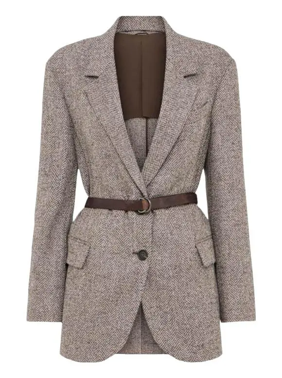 Brunello Cucinelli Belted Wool Blend Blazer - Gray