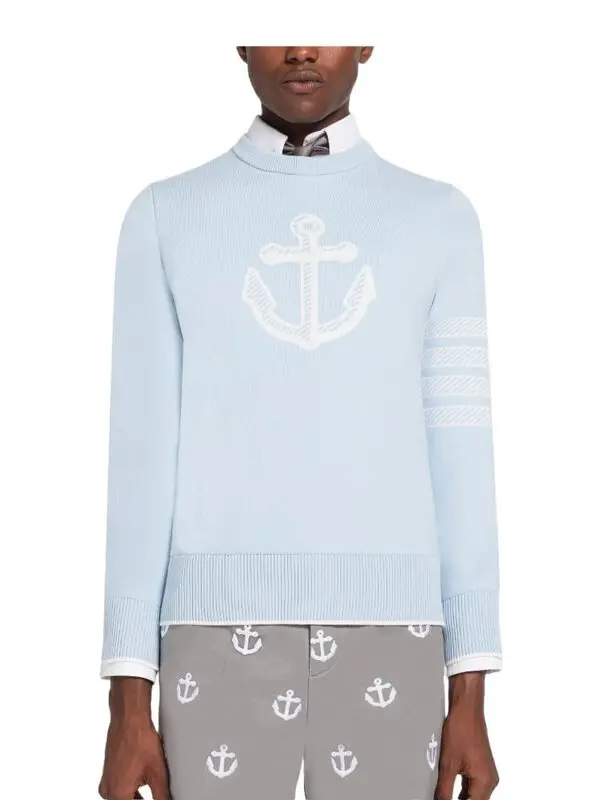Thom Browne Anchor Jacquard Crew-neck Jumper - Light Blue