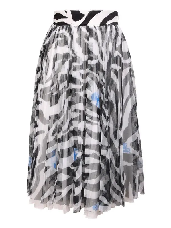 Off-White Pleated Tulle Skirt With Animal Print - Gray