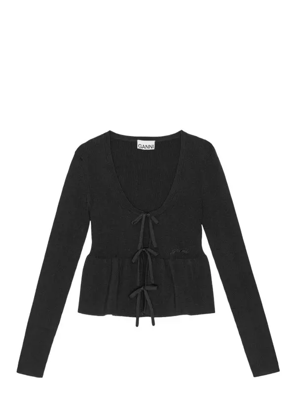 GANNI Ribbed Cardigan With Embroidered Logo And Tie Detail - Black