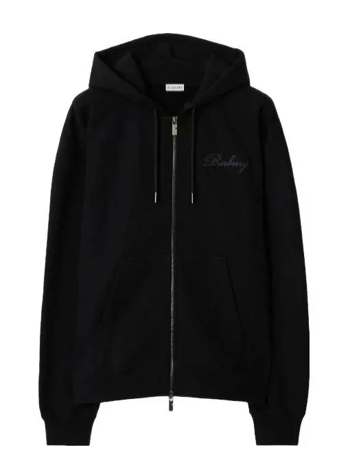Burberry Zip-up Drawstring Hoodie With Embroidered Logo - Black