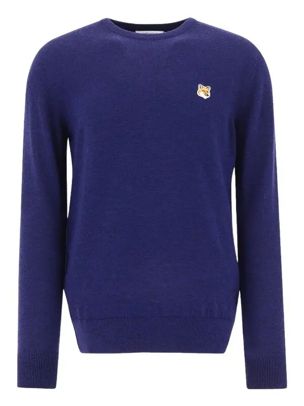 Maison Kitsuné Round Neck Long Sleeve Sweater With Logo Detail - Blue