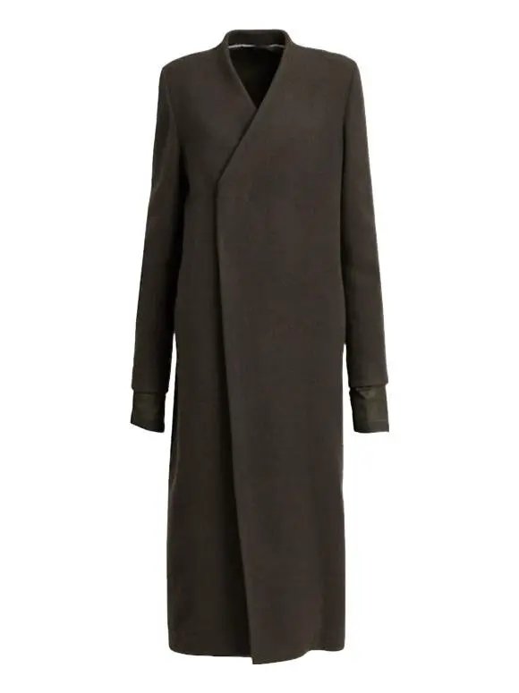 Rick Owens Museum Collarless Boiled Wool Long Coat - Black