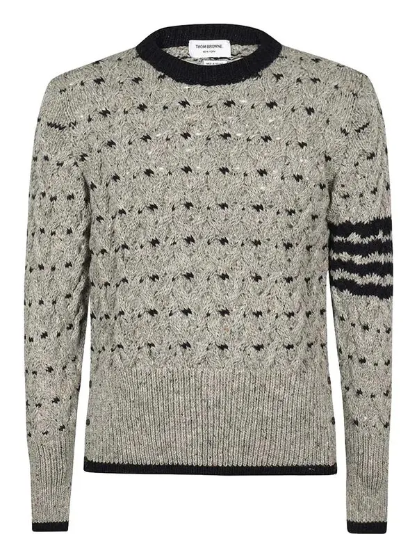 Thom Browne Crewneck Cable-knit Jumper With Signature Striping - Light Gray