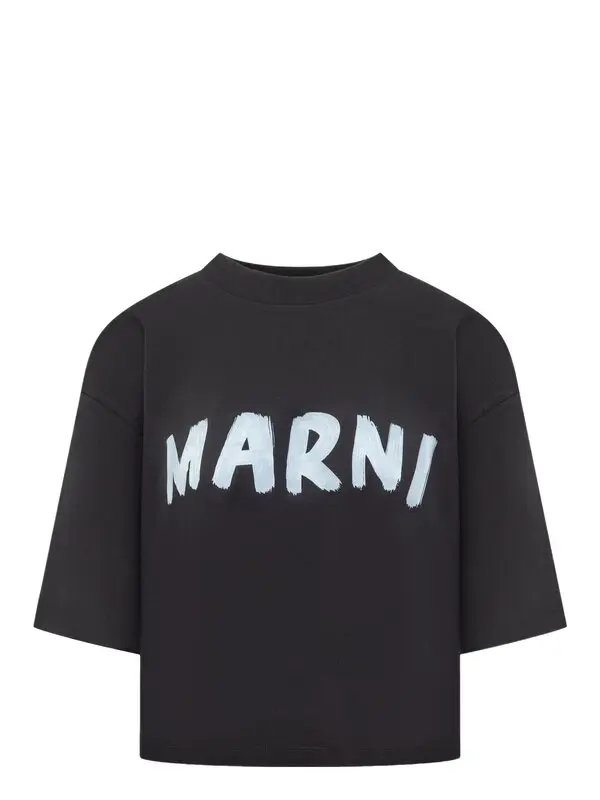 Marni Logo Printed Crewneck Cropped T-shirt - Black