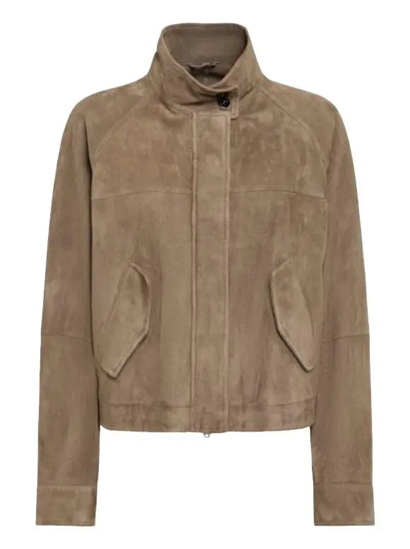 Brunello Cucinelli Suede Leather Jacket With Button Cuffs - Brown
