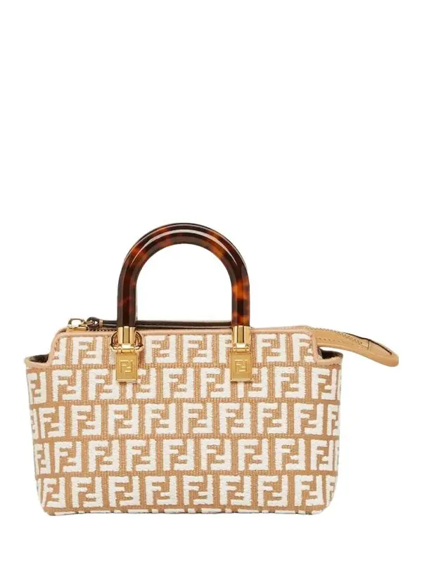 Fendi Small Raffia Boston Bag With Ff Motif - Nude