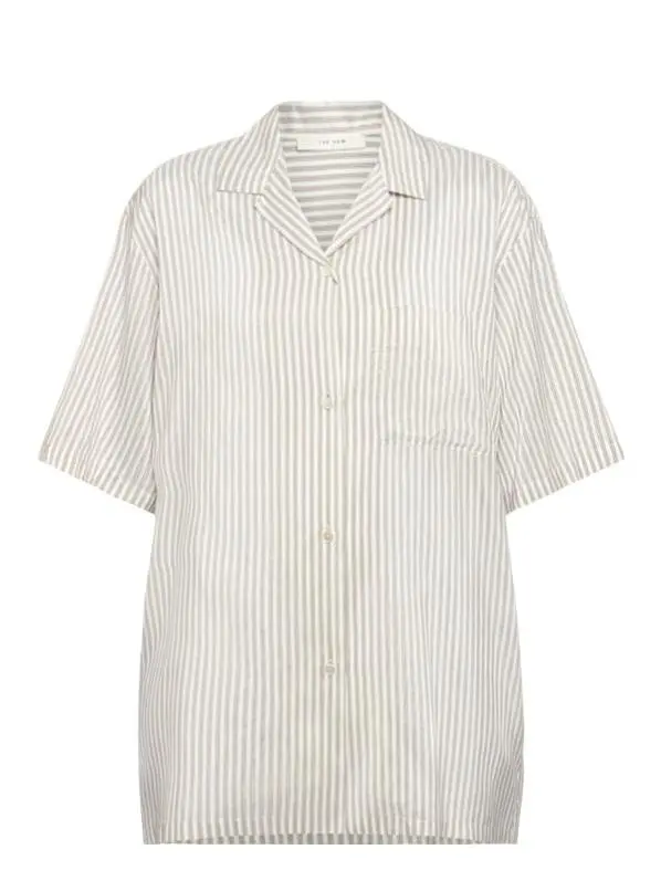THE ROW Jorge Striped Silk Short Sleeve Shirt - White