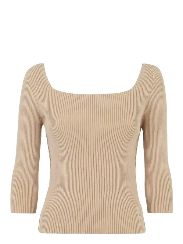 Fendi Square Neck Ribbed 3/4 Sleeve Top - Nude