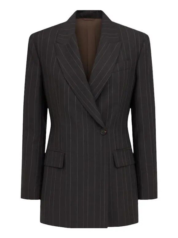 Brunello Cucinelli Pinstripe Wool Suit Blazer - Black
