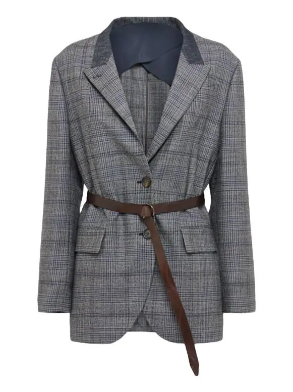 Brunello Cucinelli Prince Of Wales Checked Wool Blazer - Gray