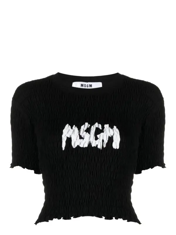 MSGM Cropped Smocked Logo Top - Black