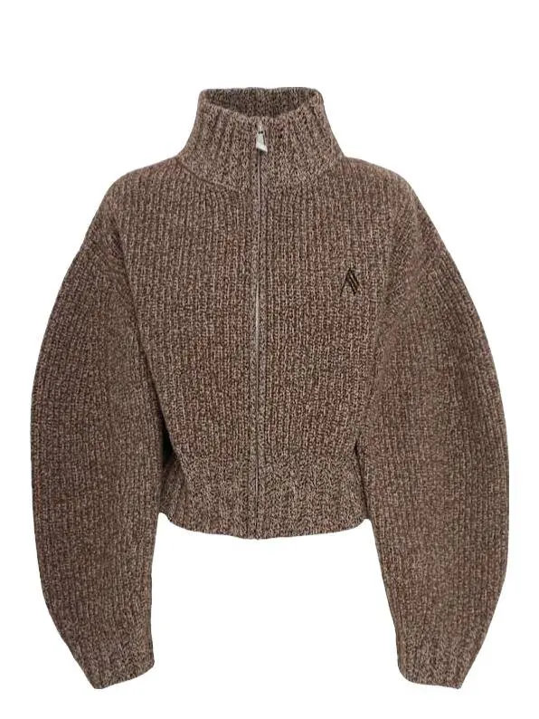 Attico Knit Zip Cardigan With Ribbed Trim - Brown