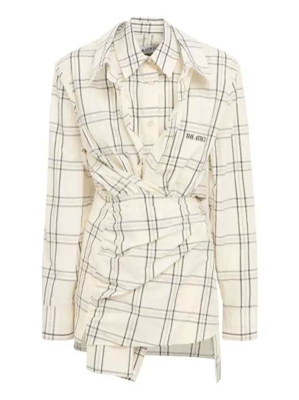 Attico Checked Cotton Mini Dress With Button Cuffs - White