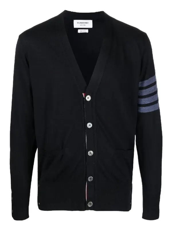Thom Browne V-neck Cardigan With Signature Stripes - Navy Blue