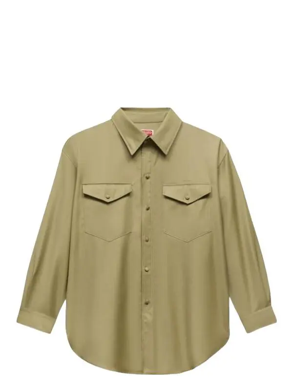 Kenzo Logo Embroidered Virgin Wool Overshirt - Khaki