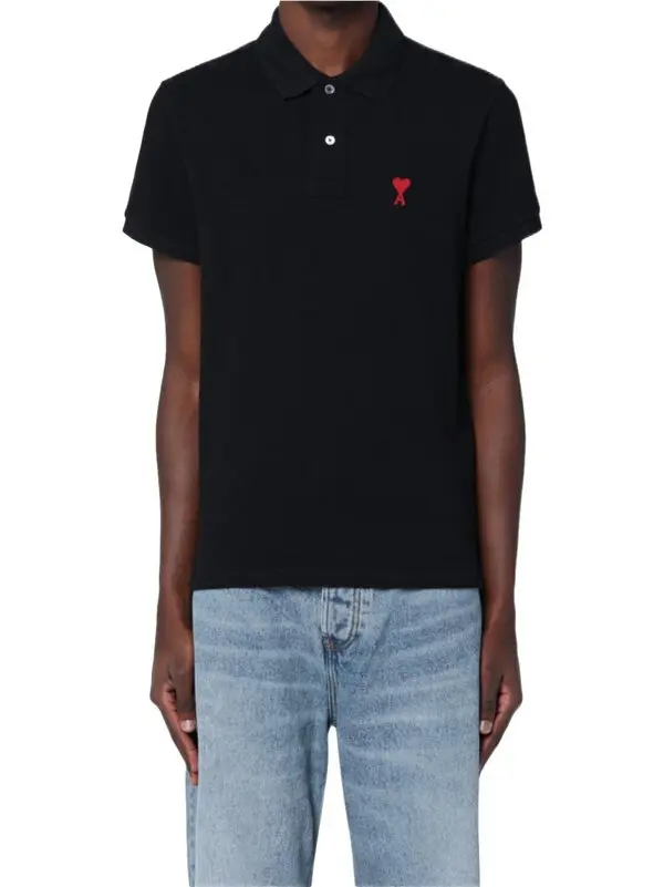 AMI Paris Logo-embroidered Polo Shirt - Black