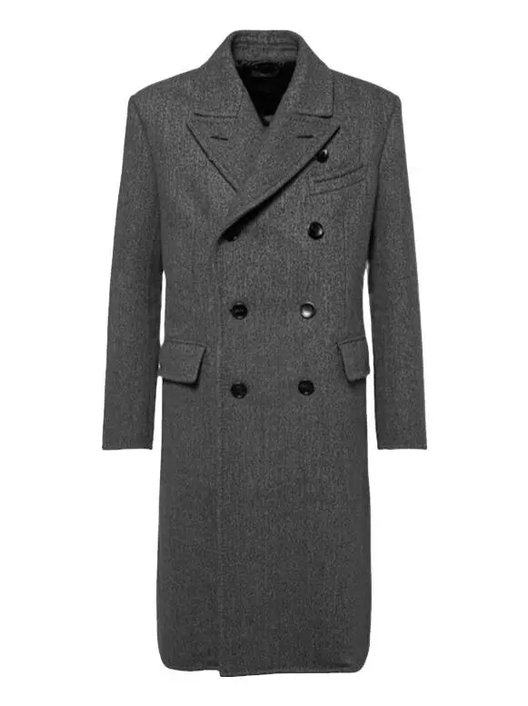 TOM FORD Double Breasted Wool Herringbone Overcoat - Black