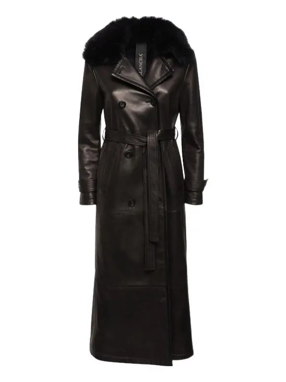 BLANCHA Leather Shearling Trench Coat - Black
