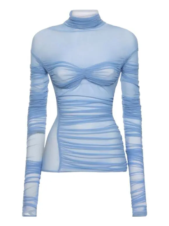 MUGLER High Neck Long Sleeve Blouse - Blue