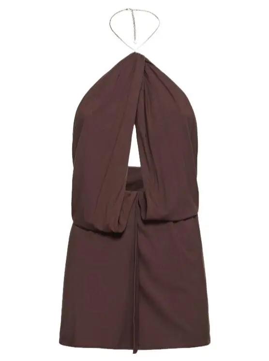 Attico Neck-hanging Knitted Mini Dress With Chain Belt - Brown