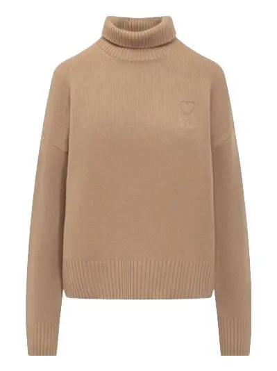Ami Logo Embroidered Turtleneck Jumper - Nude
