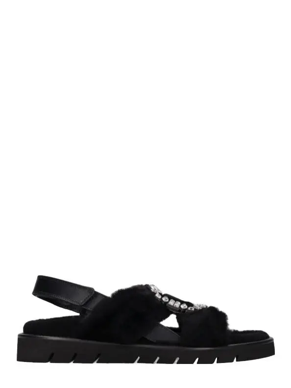 ROGER VIVIER Embellished Fur Slingback Sandals - Black