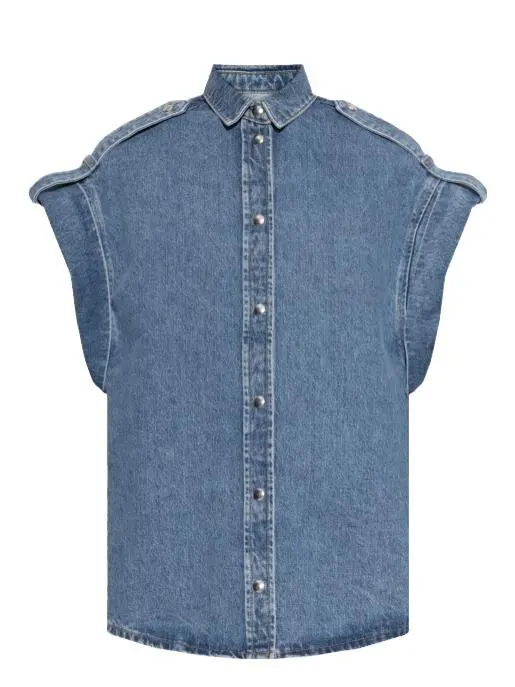 IRO PARIS Collared Denim Jacket With Metal Snap Buttons And Wide Short Sleeves - Blue