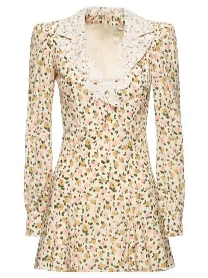 Alessandra Rich Floral Print Mini Dress With Lace Collar - Nude