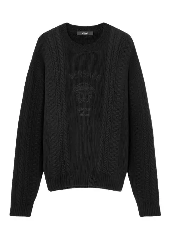 Versace Medusa Logo-embroidered Cable-knit Jumper - Black