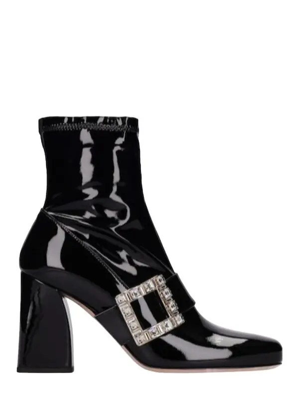 ROGER VIVIER Très Vivier Patent Leather Ankle Boots With Crystal Buckle - Black