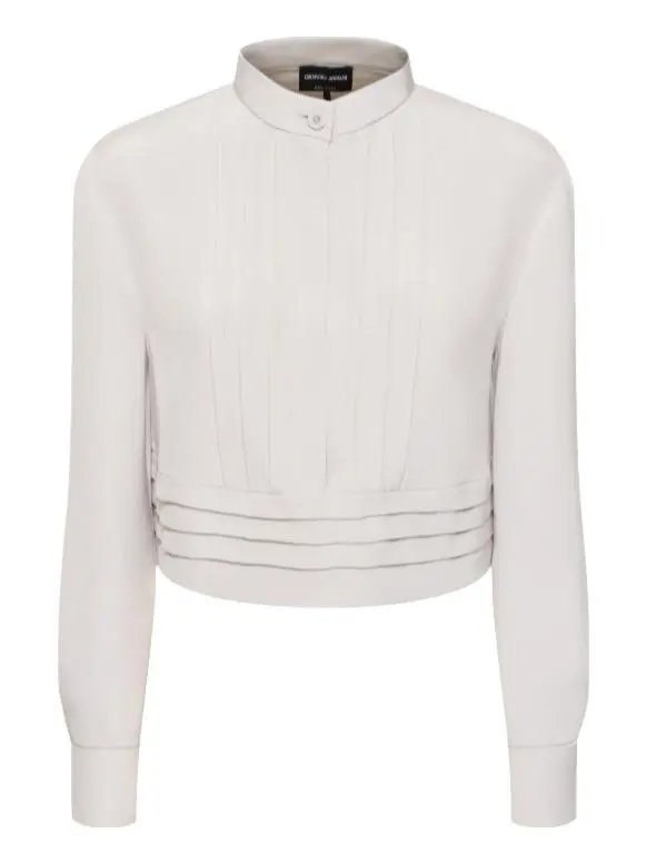 Giorgio Armani Silk Satin Crop Shirt With Pleats - White