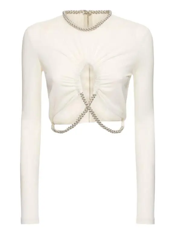 DION LEE Embellished Sheer Jersey Cropped Top - White
