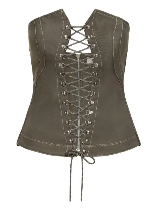 DION LEE Cotton Denim Laced Corset Top - Green