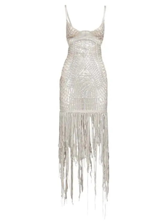 Attico Embellished Midi Dress With Fringed Trim - White