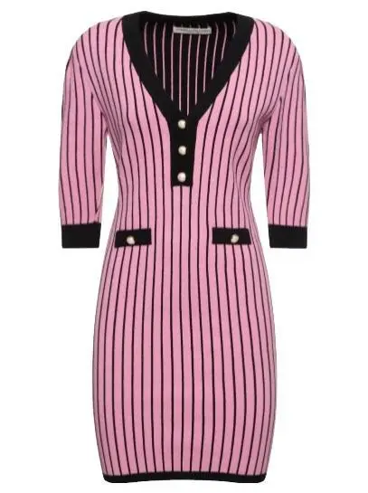 Alessandra Rich Pinstripe Knitted V-neck Dress - Pink