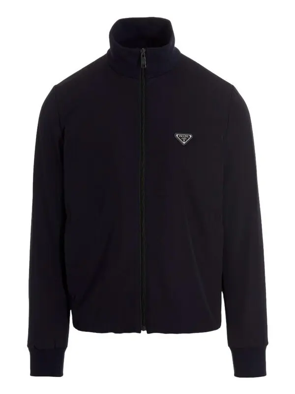 Prada Stretch Technical Fabric Zipper Sweatshirt With Enamel Logo - Blue