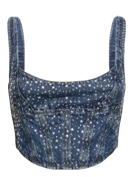 Alessandra Rich Crystal Decorated Denim Sling Top - Blue